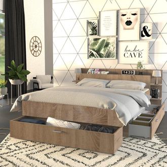 Weber Industries Bett Samba 140 x 190 cm + Kopfteil + 2 Schubladen/Dekor Eiche gebleicht