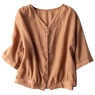 Generic Chemise de plage courte pour femme - Chemise en lin pour femme - Chemisier &agrave; col en V boutonn&eacute; &agrave; manches 1/2 - Doux et &eacute;l&eacute;gant - Chemise &agrave; popover &agrave; b