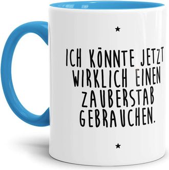 Tassendruck Lustige Tasse mit Spruch Ich brauche einen Zauberstab - Büro/Job/Arbeit/Witzig/Kaffee-Tasse/Geschenk-Idee/Innen & Henkel Hellblau