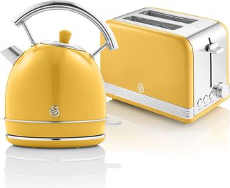 SWAN Retro Set Frühstückswasserkocher 1,8L Kabelloser Wasserkocher mit Edelstahl-Heizelement, 2 Scheiben Breitschlitz-Brottoaster, 6-Stufiger Toastregler, 