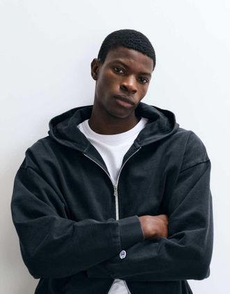 Champion Future Memories Oversize-Kapuzenpullover mit durchgehendem Rei&szlig;verschluss in Schwarz