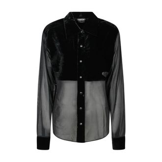 Tom Ford Schwarzes- mit Seide besetztes Hemd mit Kn&ouml;pfen - - Blouses & Shirts - Damen - Schwarzk - XS