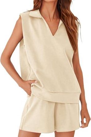 Generic Ensemble 2 pi&egrave;ces court d&eacute;t&eacute; pour femme avec col en V et sans manches, beige, XXL