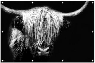 Wallario Outdoor-Poster f&uuml;r Garten oder Balkon Highlander in schwarz-wei&szlig;, Motivbanner Gr&ouml;&szlig;e: ca. 100 x 150 cm, Outdoor-Bild