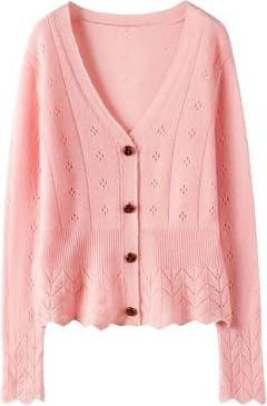 Generic Pull de printemps en laine &agrave; manches longues et col en V pour femme 100 % laine m&eacute;rinos, rose, Taille XL