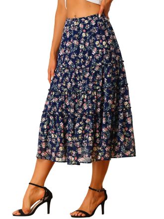 Allegra K Damen A Linie Chiffon Ruffle Blumen Maxirock Rock Navy blau XL
