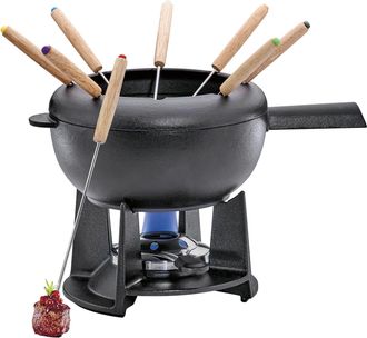 Spring Gusseisen Fondue Set schwarz | Ø 20 cm | mit 8 Fonduegabeln und Spritzschutz | für Käsefondue, Fleischfondue | Rechaud Brenner