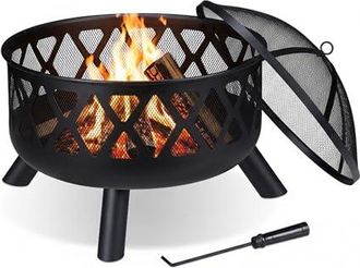 Relaxdays Feuerschale mit Funkenschutz, &Oslash; 62 cm, mit Sch&uuml;rhaken, Garten, Terrasse, Outdoor Feuerstelle, Stahl, schwarz