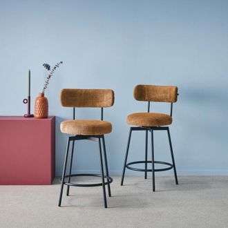 Sweeek Lot de deux tabourets de bar assise rotative m&eacute;tal noir et tissu camel - L 50 x P 50 x H 92cm - Iris