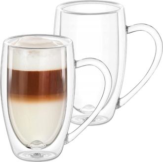 Wilmax England Wilmax | Doppelwandige Thermogläser mit Henkel | 2er-Set | 500 ml | Latte Macchiato Gläser Set | Cappuccino Gläser mit Henkel | Kaffeegläser | Teegläs