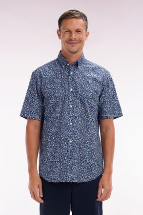 Eden Park Chemise À Manches Courtes En Coton Marine Microimprimé Fleurs Coupe Droite