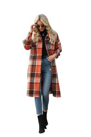 Generic Veste &agrave; carreaux pour femme - Long revers - Veste &agrave; carreaux en flanelle d&eacute;contract&eacute;e 2025 - Revers boutonn&eacute;, Rouge, XXL