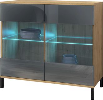 Vladon Kommode Bari V3, Moderner Küchenschrank mit 2 großen Glastüren inkl. RGB Beleuchtung Eiche Evoke/Grau Hochglanz (92,5 x 83.5 x 35)