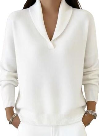 Generic 2026 Pull r&eacute;tro &eacute;l&eacute;gant &agrave; col ch&acirc;le des ann&eacute;es 80 de couleur unie, pull d&eacute;contract&eacute; &agrave; manches longues et col en V, pull tricot&eacute;, blanc, 3XL