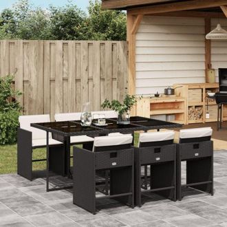 vidaXL 7-tlg. Garten-Essgruppe mit Kissen Schwarz Poly Rattan - Vidaxl