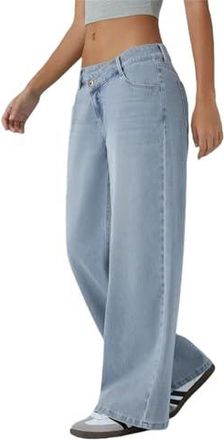 Generic Jean baggy taille basse pour femme, pantalon baggy en denim, pantalon en jean tendance, jambe droite, jean d&eacute;contract&eacute; d&eacute;lav&eacute;, bleu clair, S
