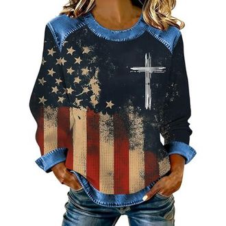 Generic Sweats chr&eacute;tiens pour femmes vintage denim patchwork religieux foi J&eacute;sus sweatshirts croix graphique tops surdimensionn&eacute;s col rond &eacute;pissure pulls prin