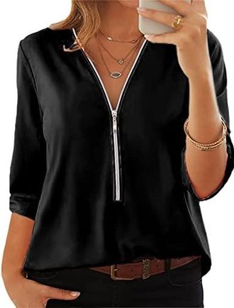 Onsoyours Chemisier Femmes Tunique Haut Demi Manches Longues Tops Blouse Chemisier Femme Chic Chemise Fermeture Éclair T-Shirt en Col V avec Zip A Noir XL