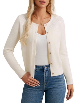 Grace Karin Damen Cardigan Langarm Kurz Strickjacke Button Down Freizeit Strickjacke Elfenbeinfarben XXL