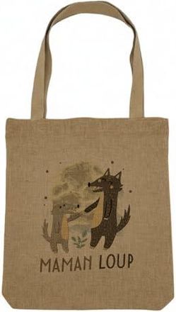Fabulous Sac Shopping Tote Bag Aspect Lin - Maman Loup et son B&eacute;b&eacute; Dessin Illustration Lune - Sac de Courses Toile Epaisse 360g Beige Naturel Cabas Port&eacute; Epaul