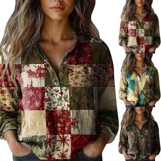 Generic HUIFUAO Chemise Femme Lin Coton Manche Longue Shirt Grande Taille Chemise et Blouses Chic et &eacute;l&eacute;gant Haut Basique Imprim&eacute; Tunique Tops avec Poche (A01