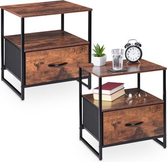 Relaxdays Nachttisch Industrial, 2er Set, HBT 50 x 45 x 42,5 cm, Nachtschrank mit Schublade, Schlafzimmer, schwarz/braun