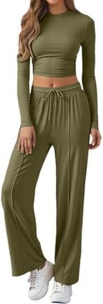 Generic 2026 Ensemble de Surv&ecirc;tement Deux Pi&egrave;ces pour Femme D&eacute;contract&eacute; Tenue de Sport Top &agrave; Manche Longue Taille Haute et Cordon de Serrage Pantalon avec Poc