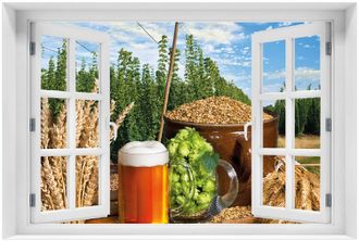 Wallario selbstklebendes Poster - Frisch gezapftes Bier, Hopfen und Malz, Aufkleber in Premiumqualit&auml;t, Klebefolie Gr&ouml;&szlig;e: 100 x 150 cm mit Fenster-Illusion