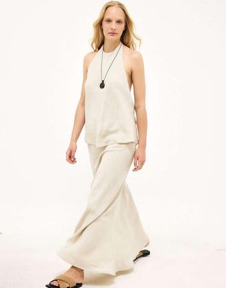 NA-KD Jupe longue trap&egrave;ze en lin et lyocell m&eacute;lang&eacute;s - Beige clair-Neutral