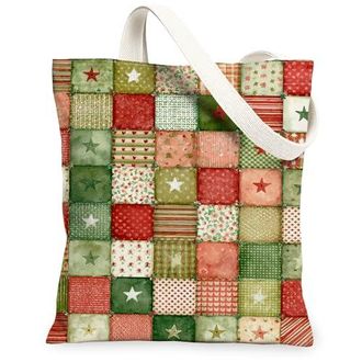 Generic Sacs fourre-tout en toile patchwork de No&euml;l, motif &eacute;toiles et coeurs, sacs &agrave; provisions r&eacute;utilisables, vintage, l&eacute;gers, lavables Ca, rouge/vert, 13x15
