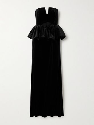 Self Portrait Robe Longue Bustier À Basque En Velours À Découpe - Noir