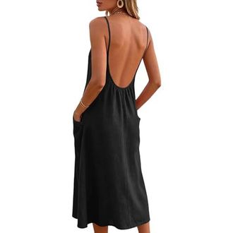 Generic Robe d&eacute;t&eacute; l&eacute;g&egrave;re mi-longue &agrave; bretelles spaghetti et dos profond pour femme, robe trap&egrave;ze d&eacute;contract&eacute;e boh&egrave;me pour femme, en coton doux, sans manches, 