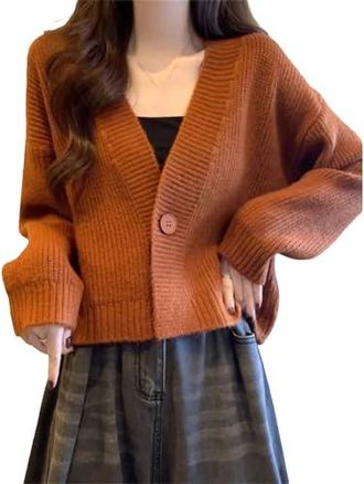 Generic Vestes dhiver tricot&eacute;es &agrave; un bouton pour femme - &Eacute;l&eacute;gantes et amples - Pour le bureau - Style d&eacute;contract&eacute; - Col en V - Cardigan court, Orange, Taille 