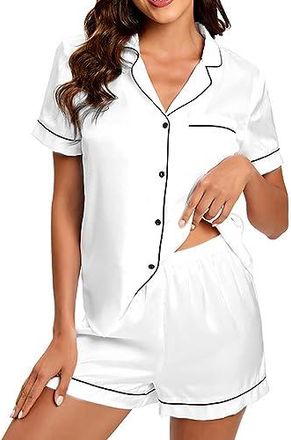 Generic Ensemble de v&ecirc;tements de d&eacute;tente en satin pour femme - Ensemble de pyjama court en satin de soie pour femme - Short deux pi&egrave;ces - Short de nuit bouton