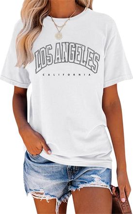 TOMWELL T-Shirt Damen Sommer Los Angeles Tshirt Kurzarm Rundhals Oberteile Casual Sport Shirt Basic Tee Shirts A Wei&szlig; XXL