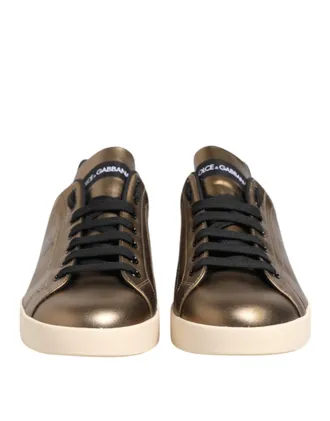 Dolce & Gabbana Mens Gold Portofino Calf Leather Sneakers Shoes Gold, Black
