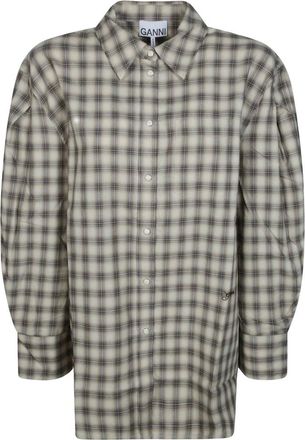Ganni Hemd aus Flanell mit Karomuster und Falten&auml;rmeln - - Blouses & Shirts - Damen - Beige - 4XS