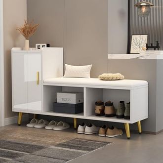 Merax Meuble &agrave; chaussures avec banc, espace de rangement, porte blanche brillante, si&egrave;ge rembourr&eacute;, blanc, 120 x 35 x 71,5 cm