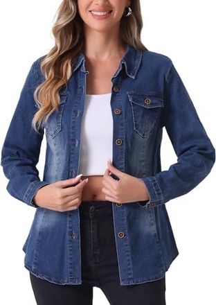 Allegra K Blouson en Jean Femme Chemise Boutonnée Vintage à Manches Longues avec Poche Veste en Denim Dévalée Bleu L
