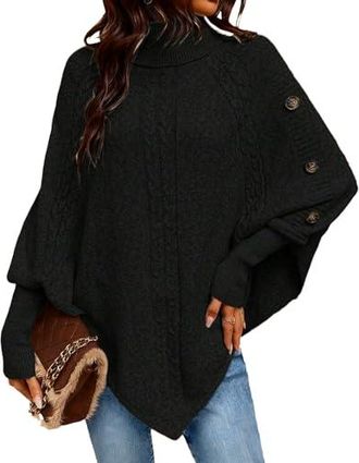 Generic Poncho Pull en Maille pour Femme, Coupe Ample, col roul&eacute;, Style Cape Chaude, id&eacute;al pour lautomne et lhiver, Noir, Taille M