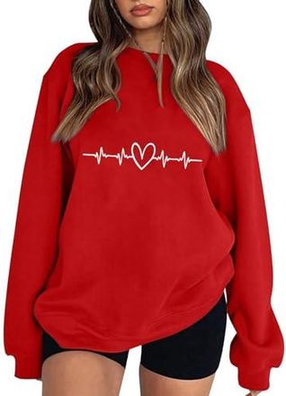 Generic Sweatshirt de Saint-Valentin pour femme &agrave; manches longues personnalis&eacute; haut avec imprim&eacute; coeur &eacute;l&eacute;gant romantique t-shirt long d&eacute;contract&eacute; couleur uni