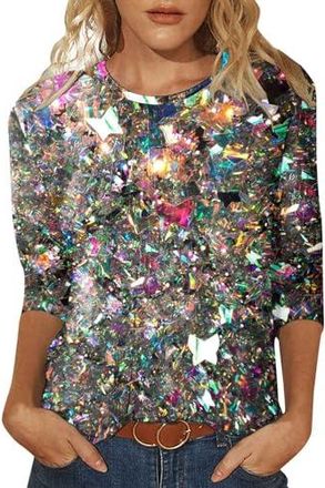 Generic Joli t-shirt &agrave; paillettes &agrave; manches 3/4 pour femme 2025 col rond gym &eacute;t&eacute; coupe ample t-shirt d&eacute;contract&eacute; &agrave; strass tendance t-shirts basiques pour sort