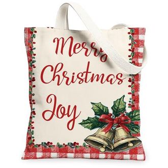 Generic Sacs fourre-tout en toile de vacances, motif cloches et houx, sacs dépicerie réutilisables, rustiques, légers et lavables avec bandoulière en toile, R