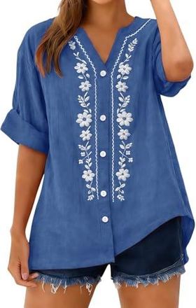 Generic Chemise d&eacute;t&eacute; en coton et lin &agrave; manches 3/4 pour femme, haut boh&egrave;me habill&eacute;, d&eacute;contract&eacute;, ample, floral, pour femme, bleu, XL