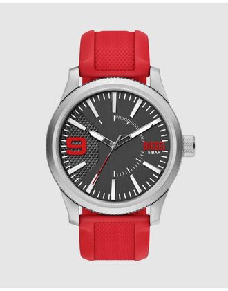 Diesel Rasp NSBB Uhr mit drei Zeigern und rotem Silikonarmband in Silber