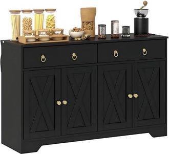 HOMCOM Buffet Meuble de Rangement Armoire de Cuisine Style Rural 2 tiroirs et 2 placards avec étagères à hauteurs réglables - dim. 121L x 37l x 75H cm Noir