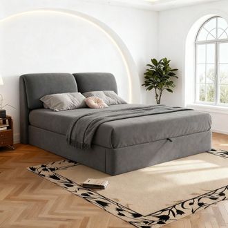Generic Hydraulisches Polsterbett mit DREI Schubladen und Bettkasten, 140x200 cm Samtbett in Beige mit Lattenrost und Kopfteil, ohne Matratze (Grey)
