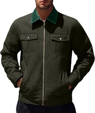 Generic Veste pour homme avec poches poitrine - Veste cargo avec fermeture &eacute;clair - En coton - Couleur unie - Avec col rabattu - Confortable - Coupe-vent - Ve