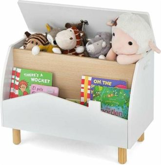 Costway Coffre &agrave; Jouets Enfants en Bois avec Etag&egrave;re de Pr&eacute;sentation, Bo&icirc;te de Rangement Jouets avec Charni&egrave;re de S&eacute;curit&eacute;, Salle de Jeux pour Fille Gar&ccedil;ons