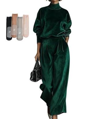 Generic Tenues 2 pi&egrave;ces en velours pour femme - Col haut - Pull &agrave; manches longues - Style d&eacute;contract&eacute; et chaud - Couleur unie - Pantalon large, vert fonc&eacute;, 3X